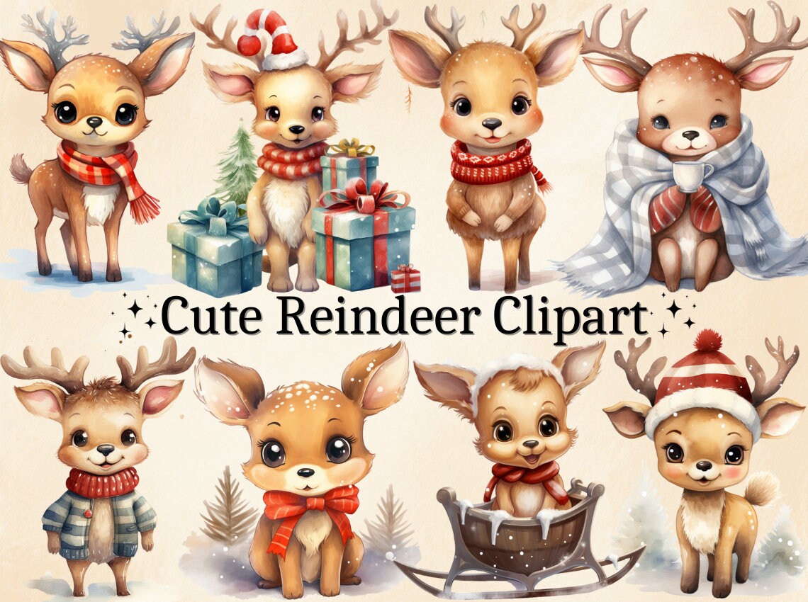 30 PNG Watercolor Cute Reindeer Clipart, Christmas Reindeers, Woodland ...