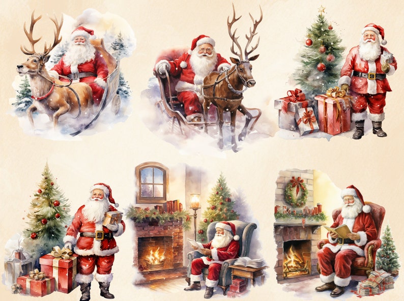 Watercolor Santa Claus Clipart: Christmas PNG Bundle (digital Download ...