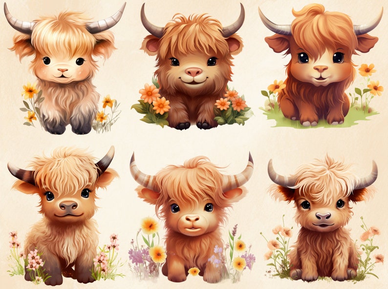 12 PNG Watercolor Spring Highland Cow Clipart, Cute Baby Cows, Cow ...