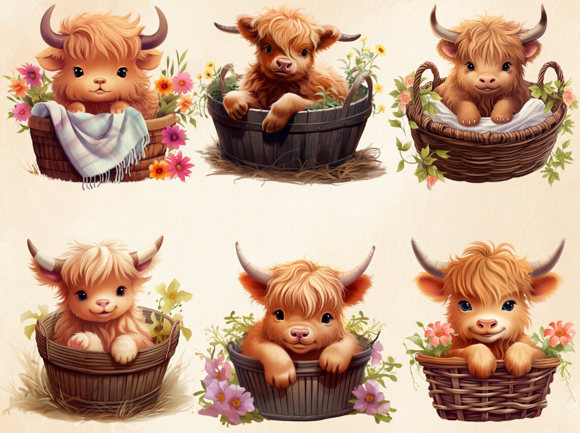 12 PNG Watercolor Spring Highland Cow Clipart, Cute Baby Cows, Cow ...