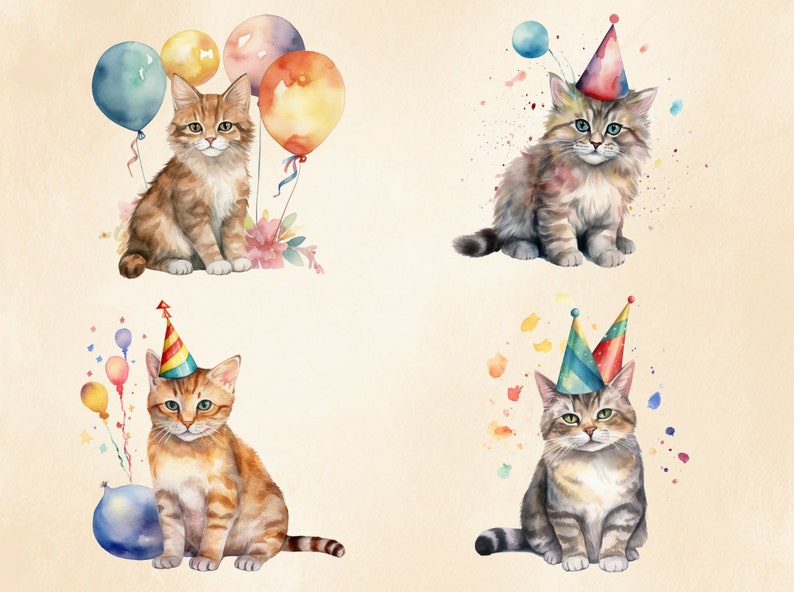 16 PNG Watercolor Birthday Cat Clipart, Funny Birthday Party Cat PNG ...
