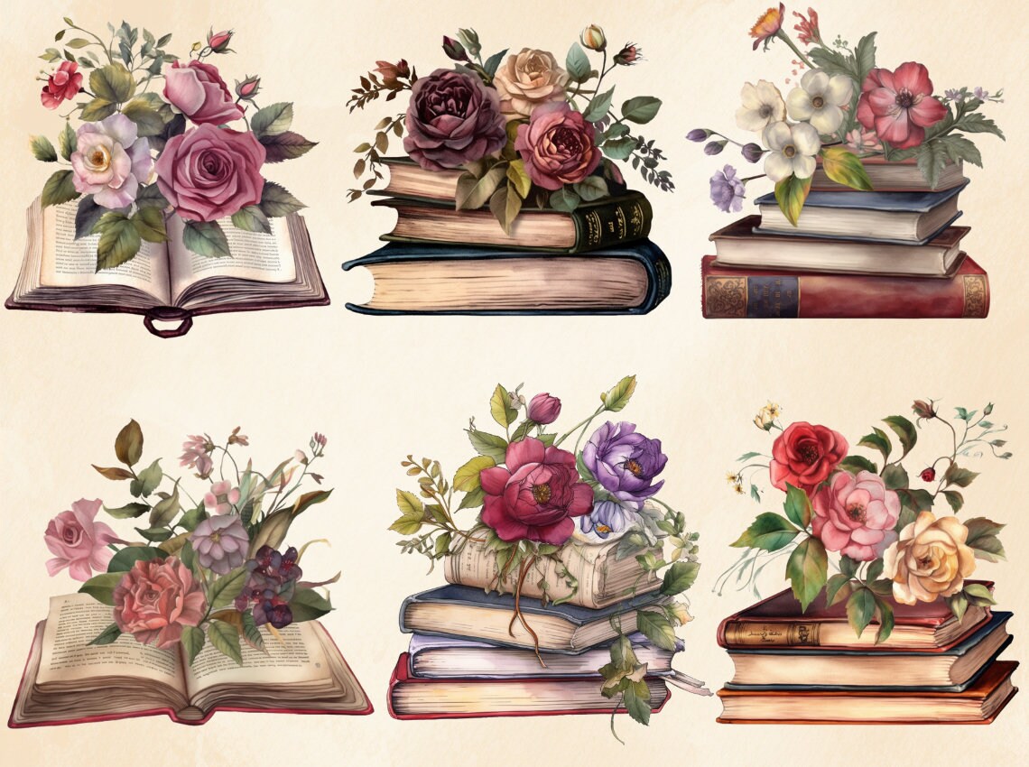 24 PNG Watercolor Floral Books Clipart, Book Bundle Clip Art, Vintage ...