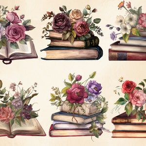 24 PNG Watercolor Floral Books Clipart, Book Bundle Clip Art, Vintage ...