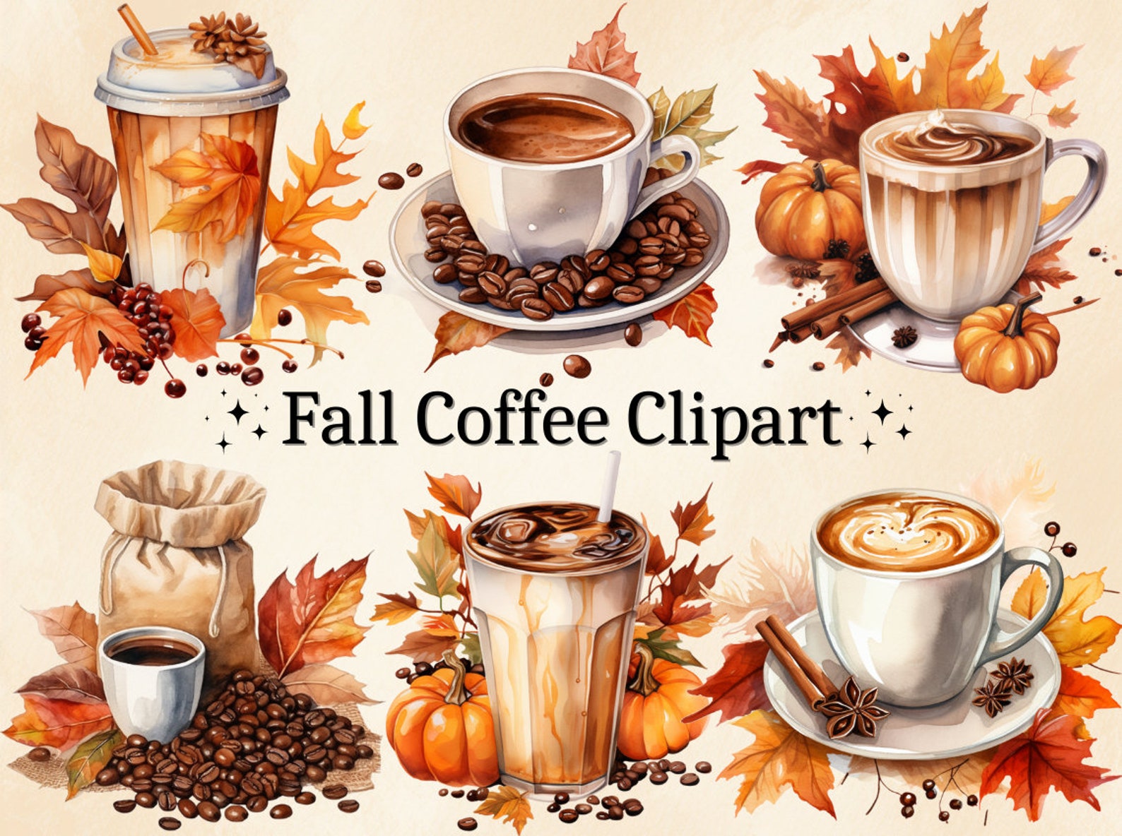 Watercolor Fall Coffee Clipart: Autumn Mugs, Cups, Bags (PNG Digital ...