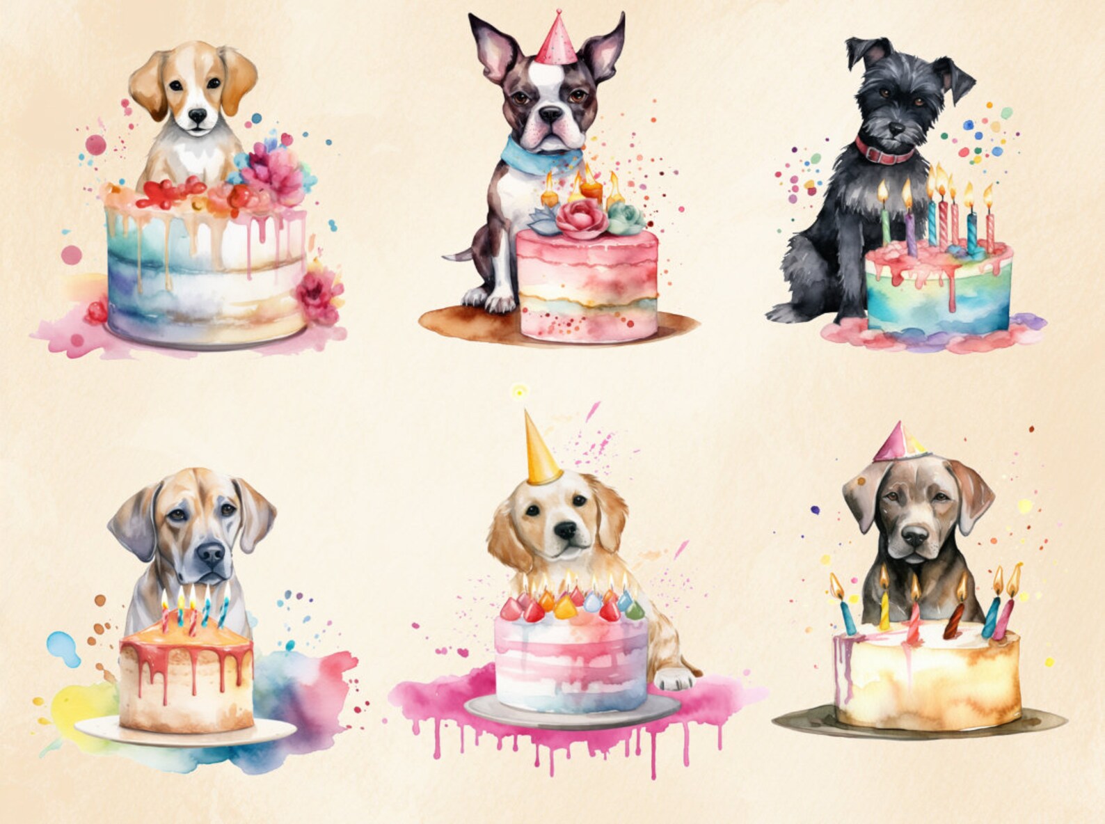 16 PNG Watercolor Birthday Dog Clipart, Funny Birthday Party Dog PNG ...