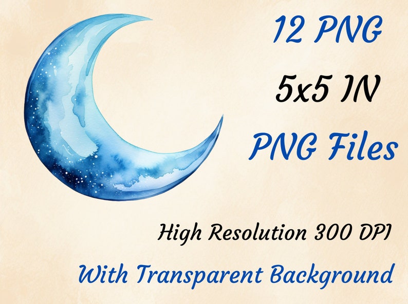 Watercolor Moon Clipart: Blue & Yellow Full/half Moon Pngs (commercial ...