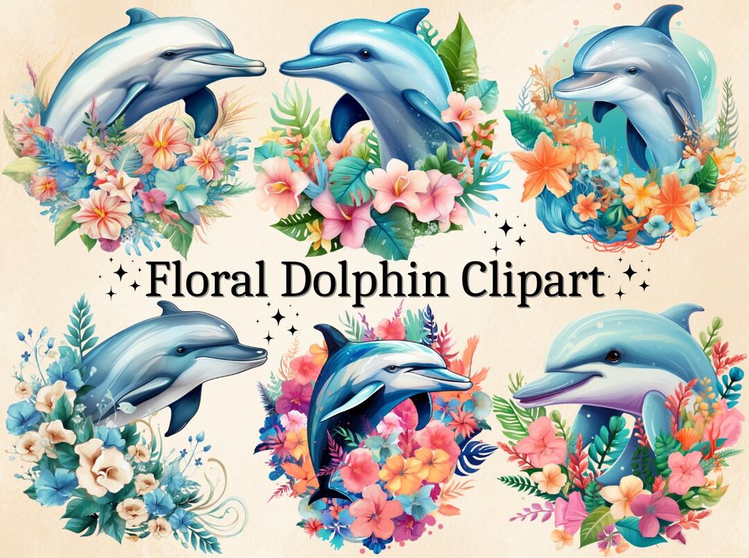 12 PNG Watercolor Floral Dolphin Clipart, Summer Dolphins, Tropical PNG ...