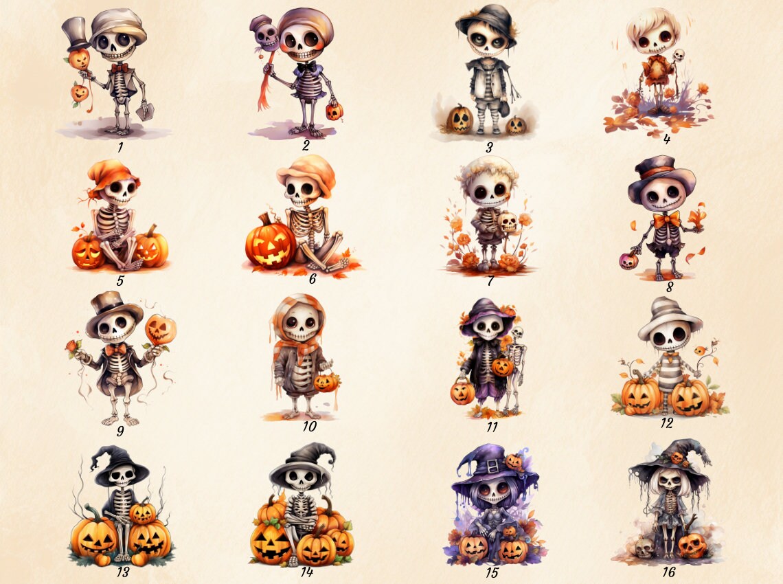 16 PNG Watercolor Cute Skeleton Clipart Cute Halloween - Etsy