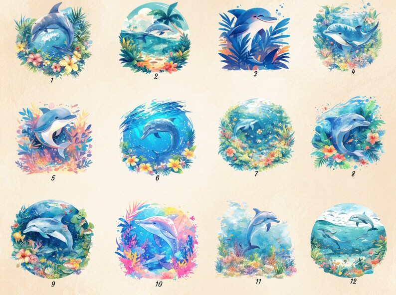 12 PNG Watercolor Tropical Dolphin Clipart, Summer Dolphins Clipart ...