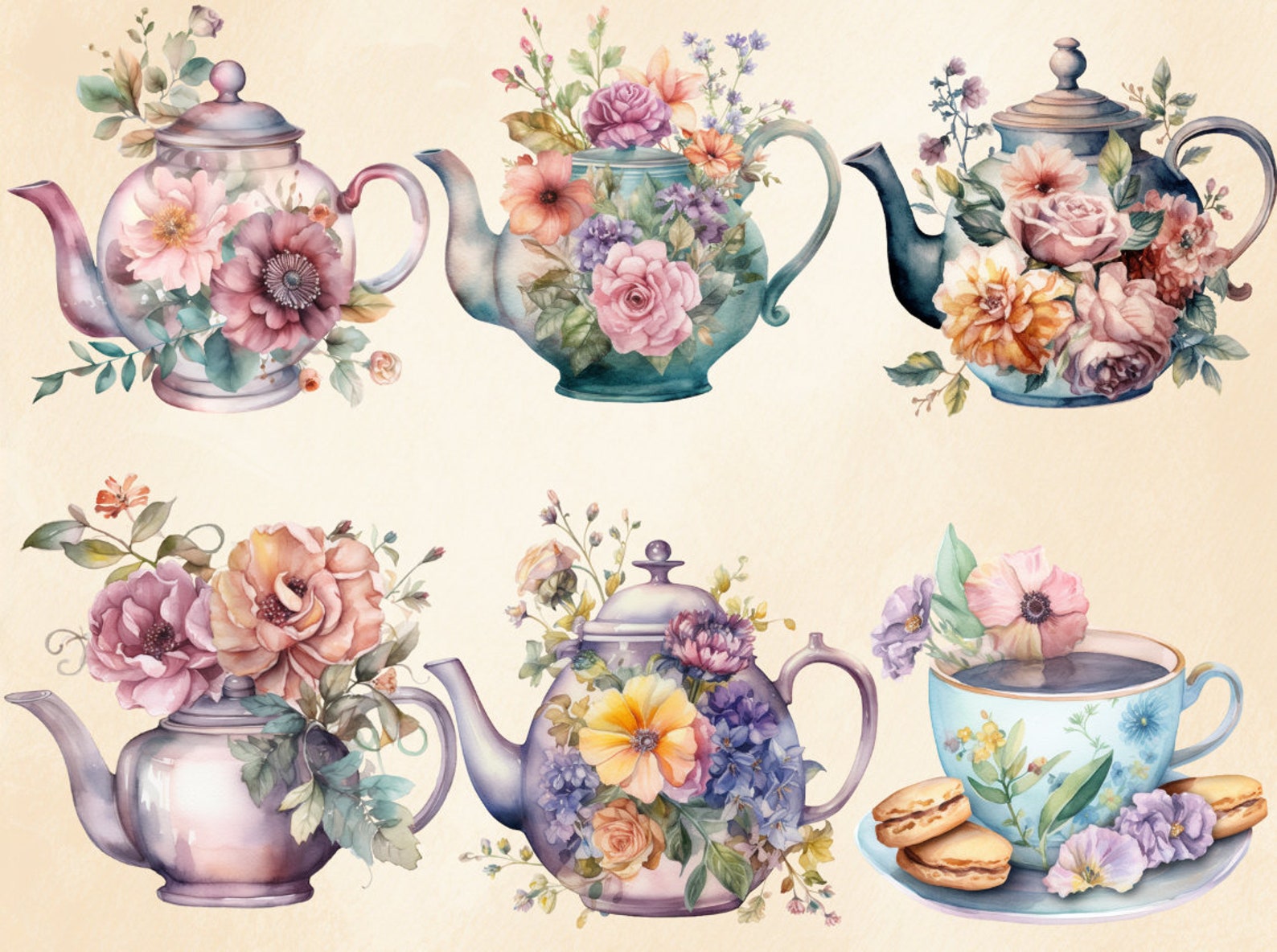 24 PNG Watercolor Floral Tea Clipart, Tea Party Clip Art, Pastel Tea ...