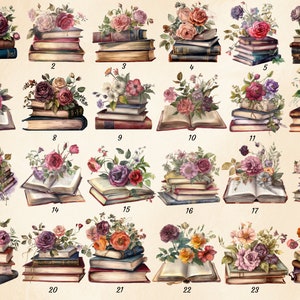 24 PNG Watercolor Floral Books Clipart, Book Bundle Clip Art, Vintage ...