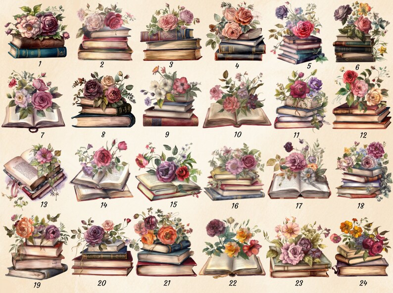 24 PNG Watercolor Floral Books Clipart, Book Bundle Clip Art, Vintage ...