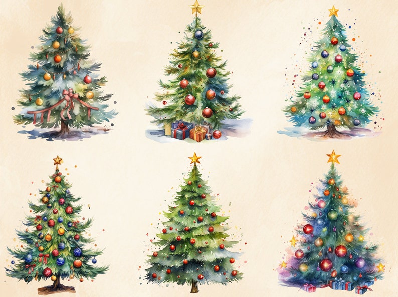Watercolor Christmas Tree Clipart: Holiday Illustrations (PNG Digital ...