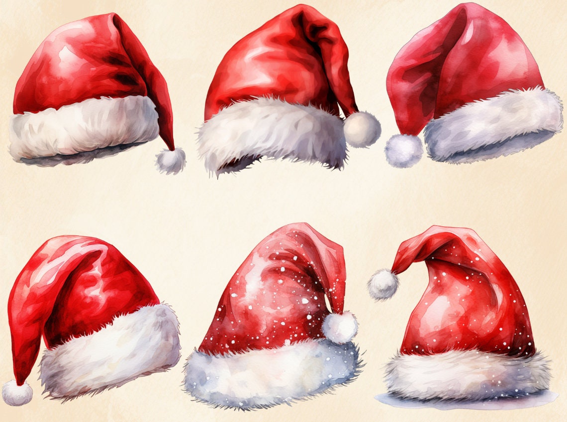 Watercolor Santa Hat Clipart: Christmas PNG Bundle (digital Download ...
