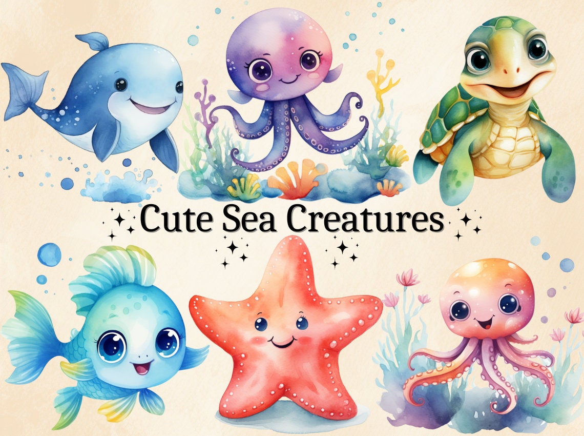 18 PNG Watercolor Cute Sea Creatures Clipart, Ocean Animals, Underwater ...