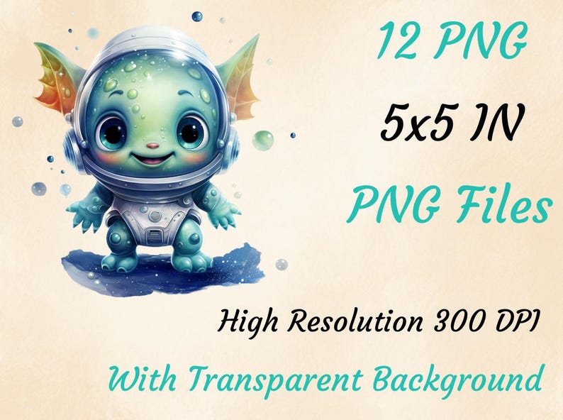 Watercolor Space Creatures Clipart, Alien Art PNG Bundle (commercial ...