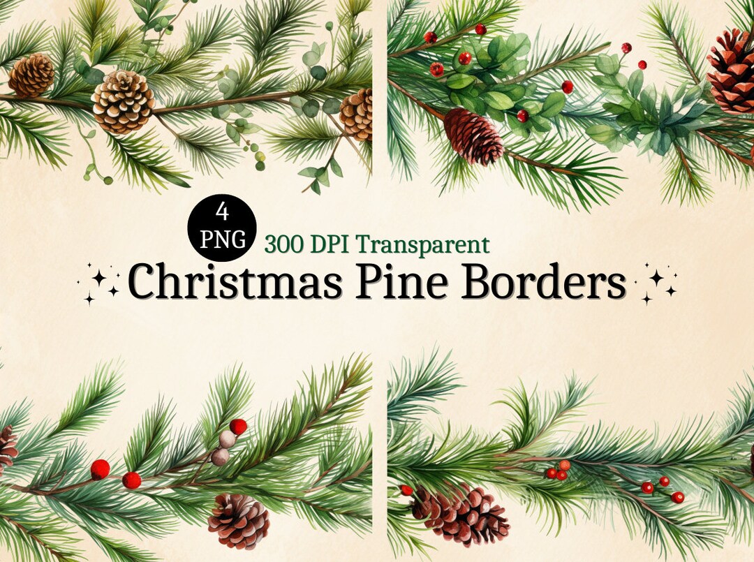 Watercolor Christmas Pine Border Clipart: Holiday Garland (PNG Digital Bundle) - Etsy