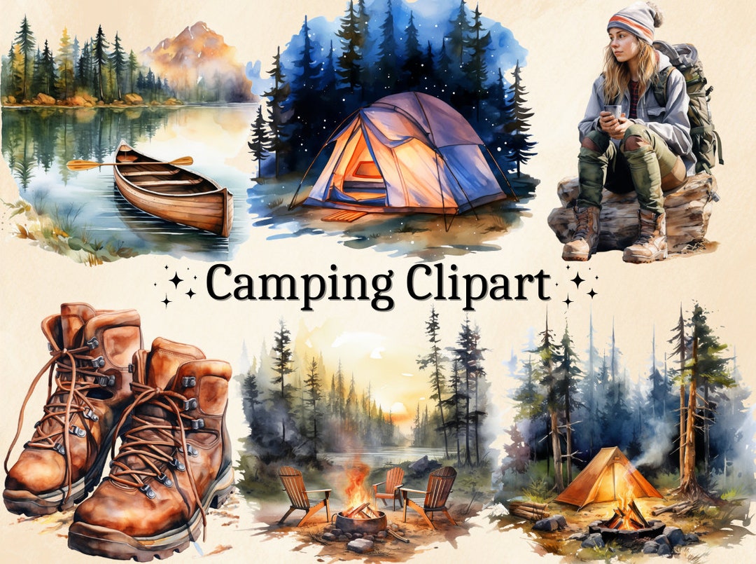 Watercolor Camping Clipart: Tent, Campfire, Canoe (PNG Digital Bundle ...