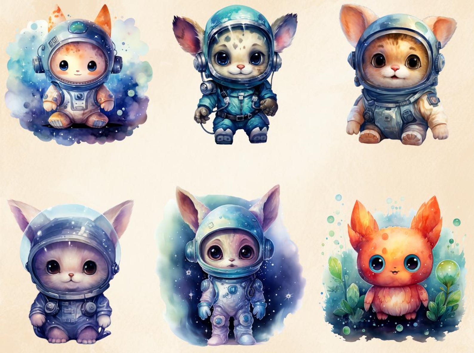 Watercolor Space Creatures Clipart, Alien Art PNG Bundle (commercial ...