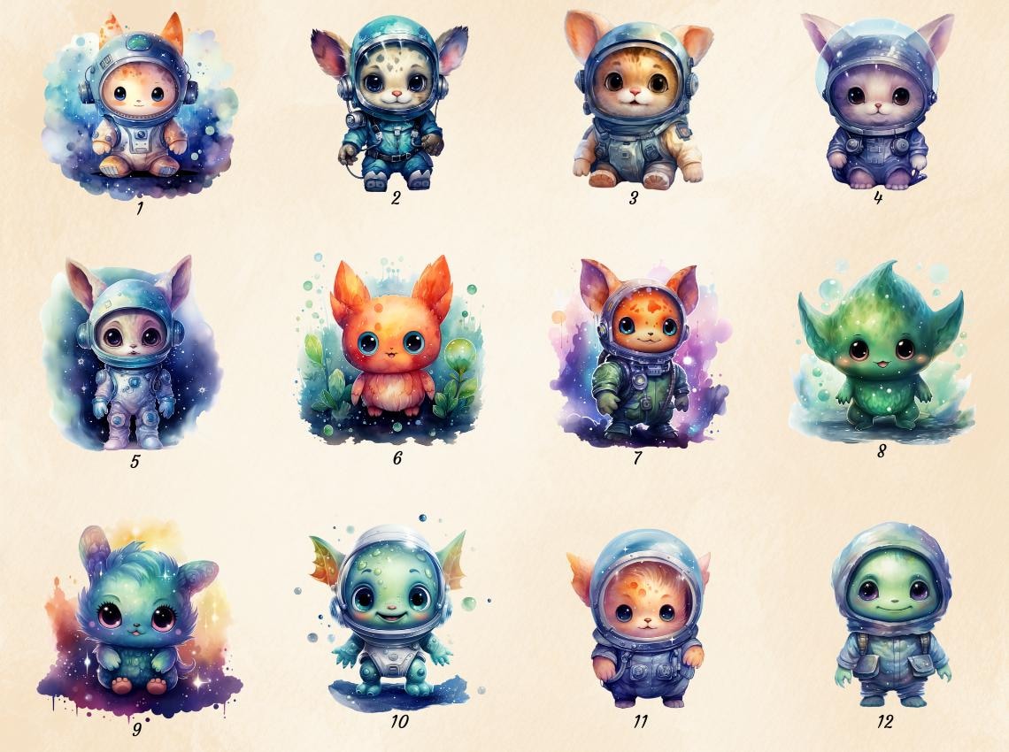 Watercolor Space Creatures Clipart, Alien Art PNG Bundle (commercial ...