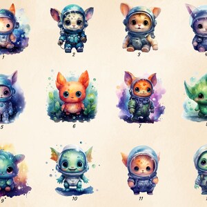 12 PNG Watercolor Cute Space Creatures Clipart, Space Animals, Alien ...