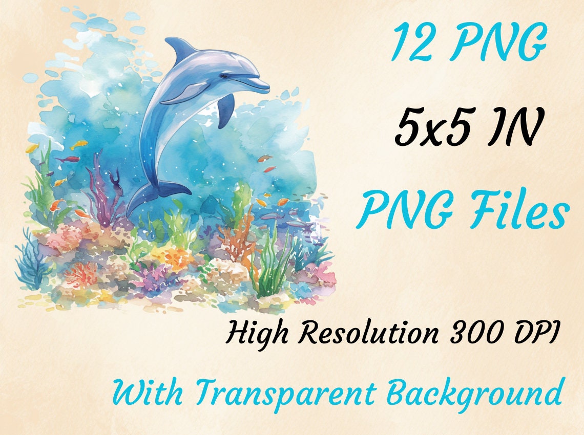 12 PNG Watercolor Tropical Dolphin Clipart, Summer Dolphins Clipart ...