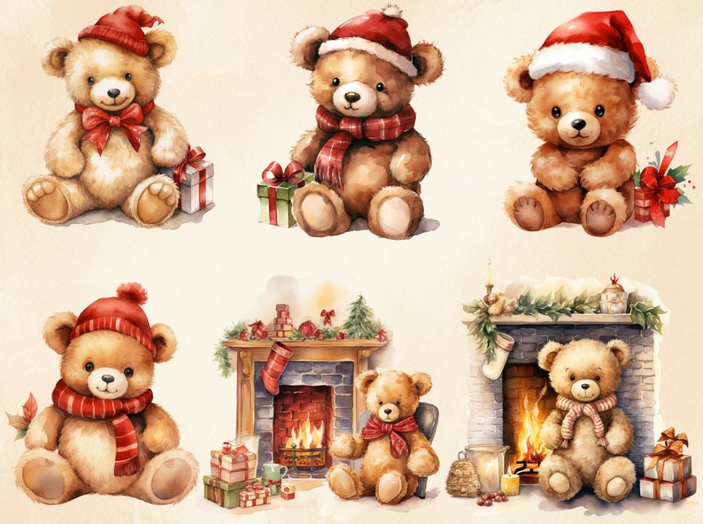 Watercolor Christmas Teddy Bear Clipart: Holiday PNG Bundle (digital ...