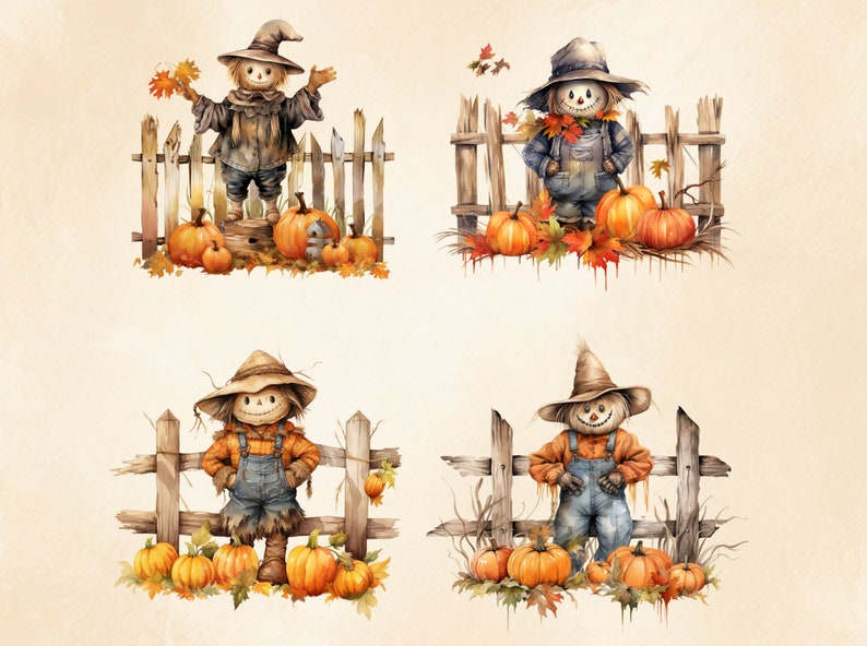 16 PNG Watercolor Scarecrow Clipart, Halloween Scarecrow Clipart, Fall ...