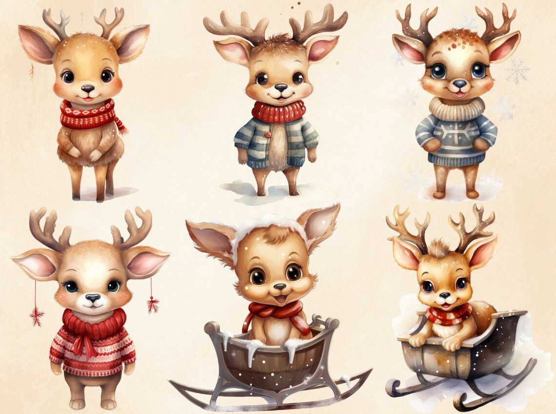 30 PNG Watercolor Cute Reindeer Clipart, Christmas Reindeers, Woodland ...