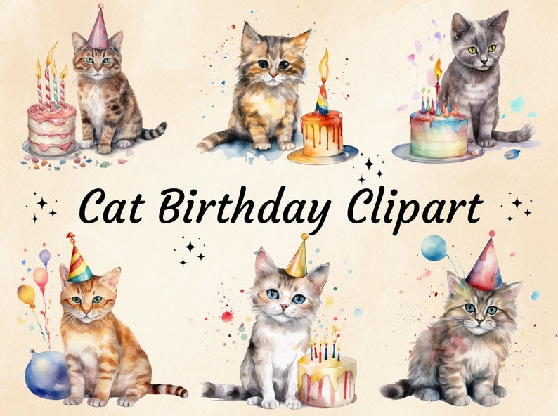 16 PNG Watercolor Birthday Cat Clipart Funny Birthday Party - Etsy