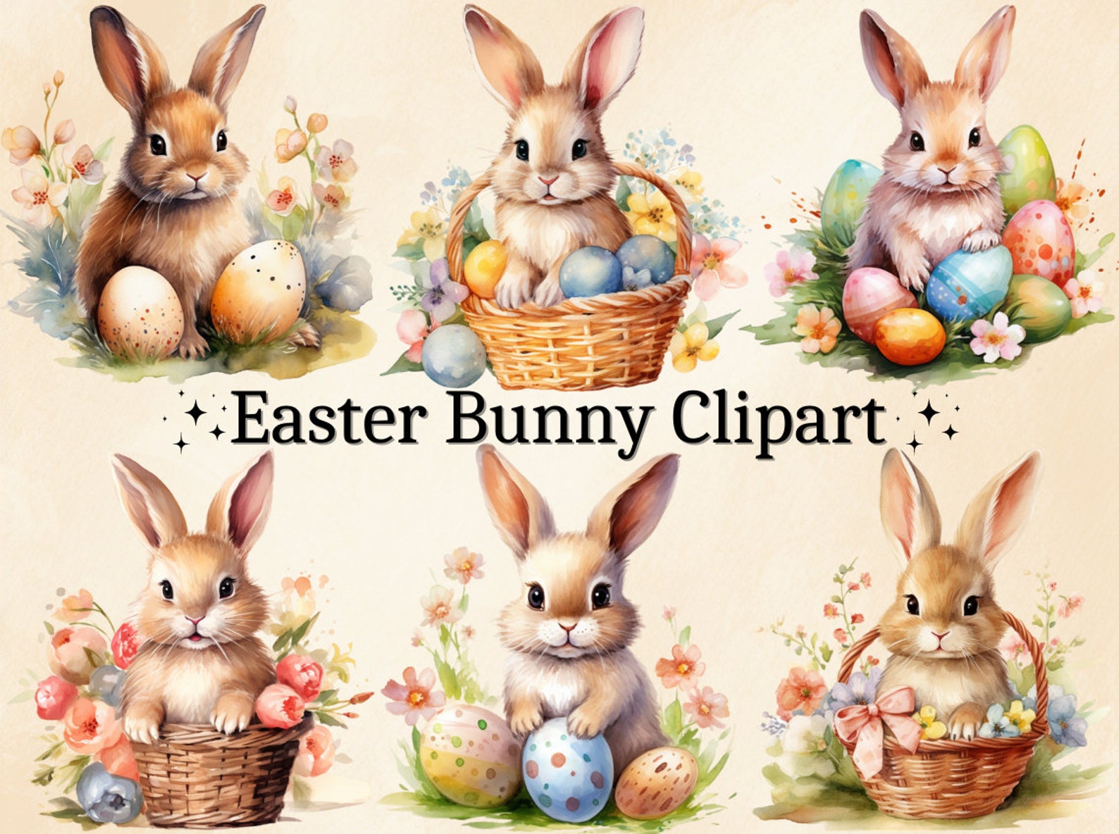 20 PNG Watercolor Easter Bunny Clipart, Spring Bunnies, Easter Baskets ...