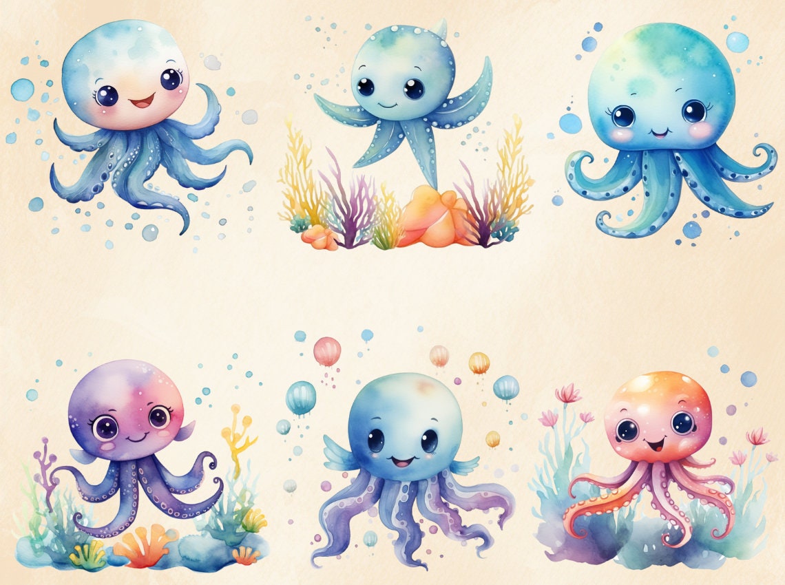 Watercolor Sea Creatures Clipart, Ocean Animals PNG Bundle (digital ...