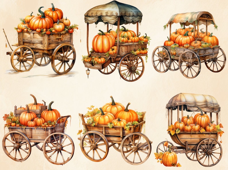 16 PNG Watercolor Pumpkin Cart Clipart, Pumpkin Wagon, Fall Wagons ...