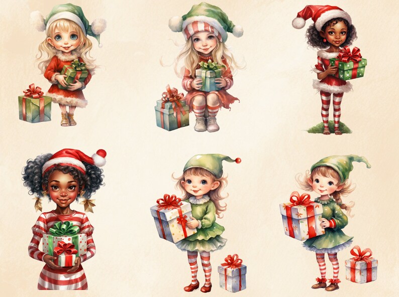 Watercolor Christmas Elves Clipart: Holiday PNG Bundle (digital ...