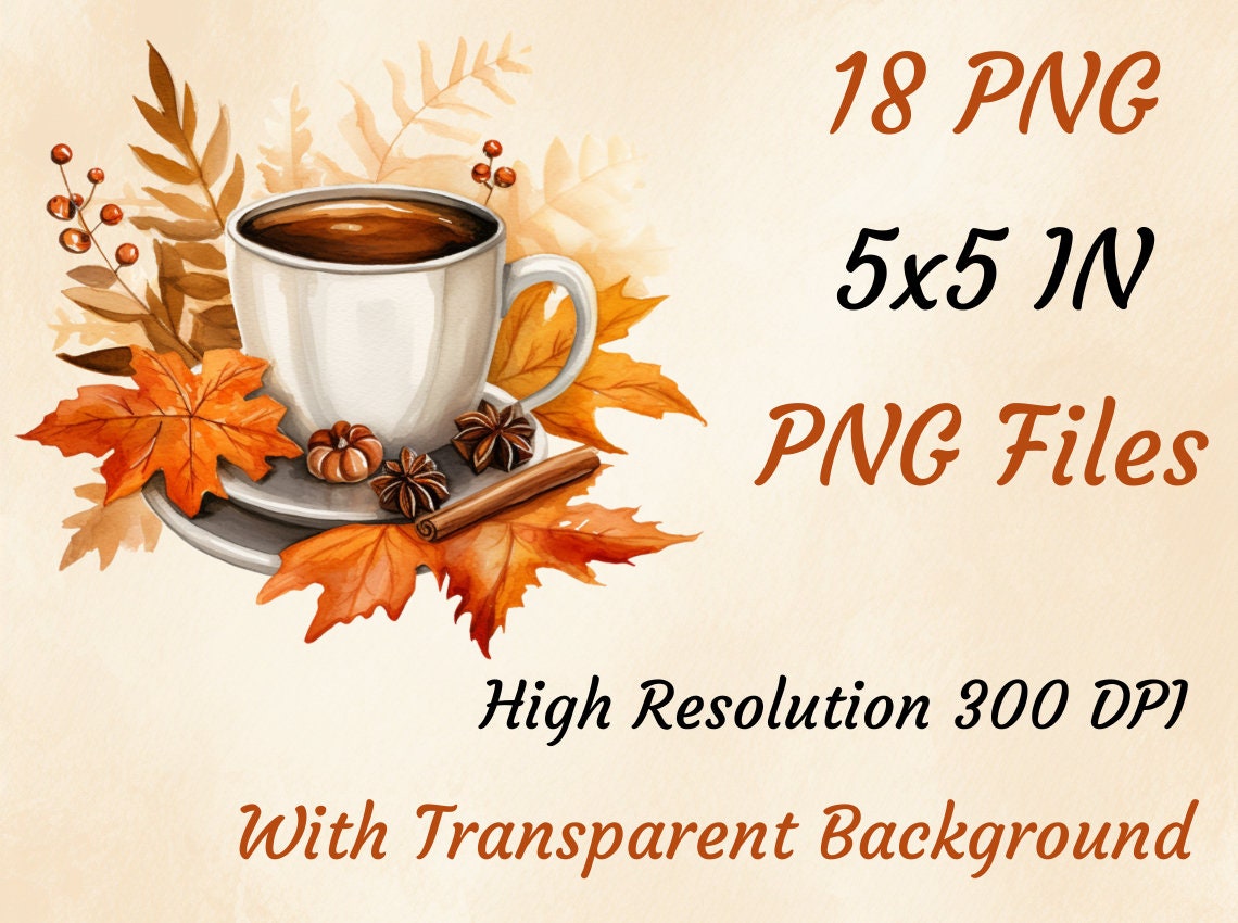 Watercolor Fall Coffee Clipart: Autumn Mugs, Cups, Bags (PNG Digital ...
