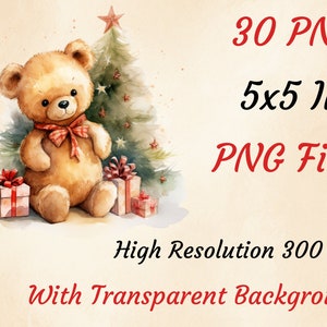 Watercolor Christmas Teddy Bear Clipart: Holiday PNG Bundle (digital ...