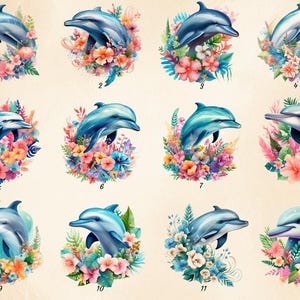 12 PNG Watercolor Floral Dolphin Clipart, Summer Dolphins, Tropical PNG ...
