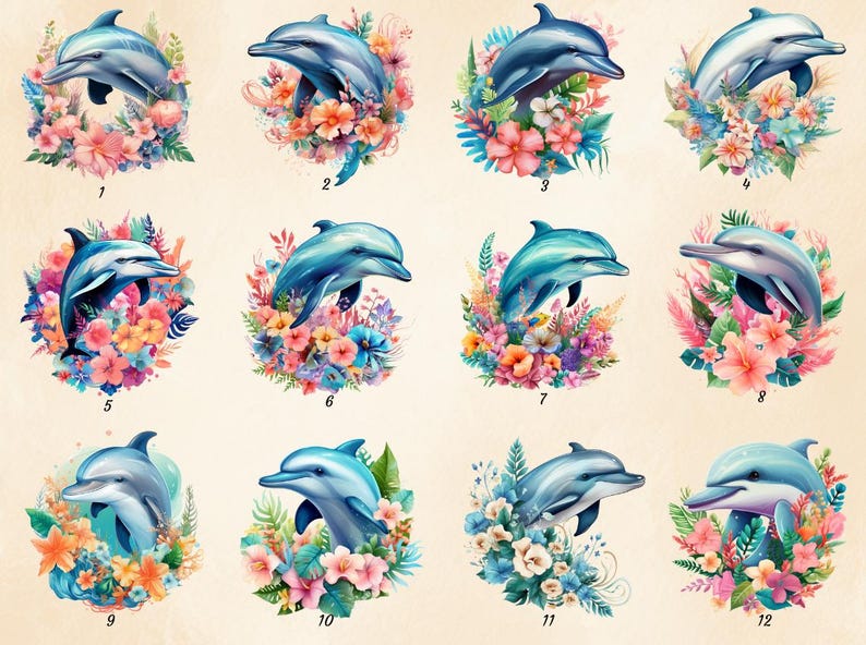 12 PNG Watercolor Floral Dolphin Clipart, Summer Dolphins, Tropical PNG ...