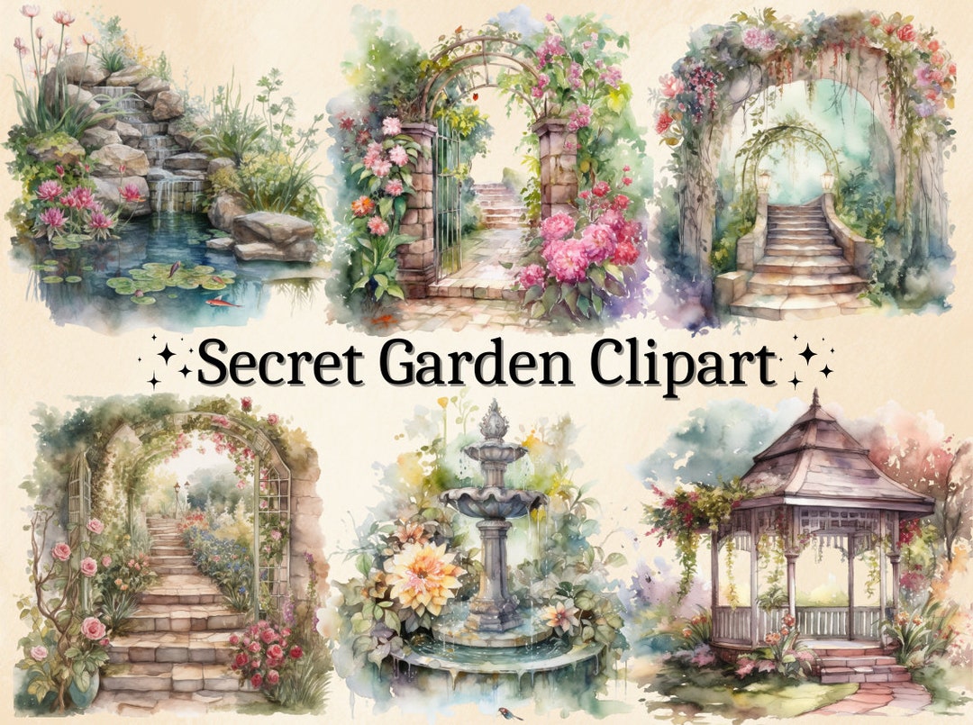 Watercolor Secret Garden Clipart: Floral Gates PNG Bundle (digital ...