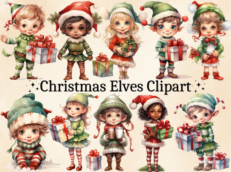 Watercolor Christmas Elves Clipart: Holiday PNG Bundle (digital ...