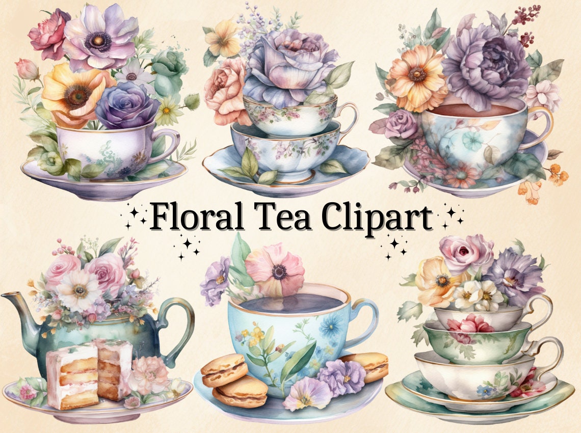 24 PNG Watercolor Floral Tea Clipart, Tea Party Clip Art, Pastel Tea ...