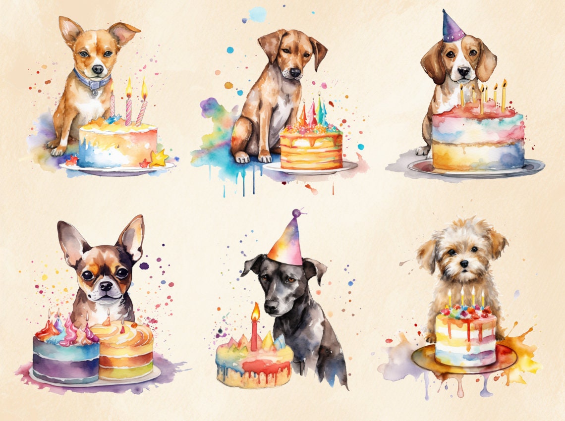 16 PNG Watercolor Birthday Dog Clipart, Funny Birthday Party Dog PNG ...