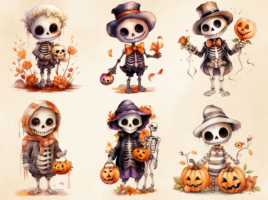 16 PNG Watercolor Cute Skeleton Clipart Cute Halloween - Etsy