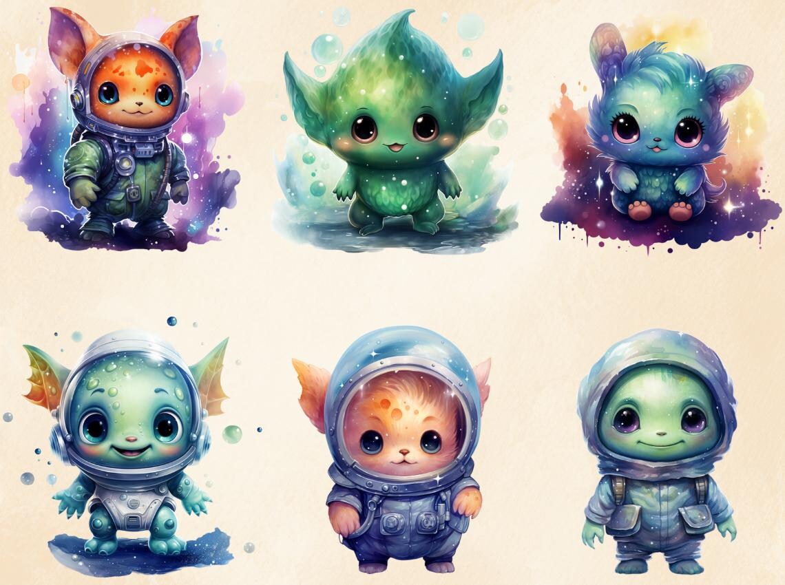 Watercolor Space Creatures Clipart, Alien Art PNG Bundle (commercial ...