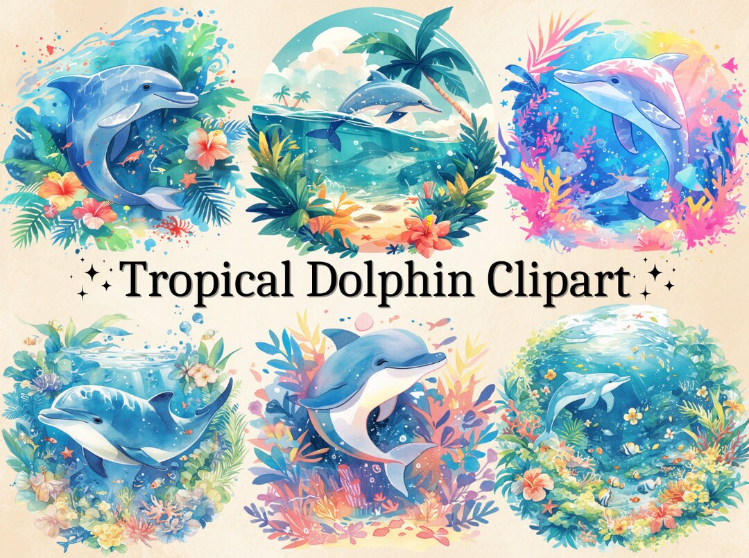 Watercolor Tropical Dolphin Clipart: Sea Animals PNG Bundle (digital ...