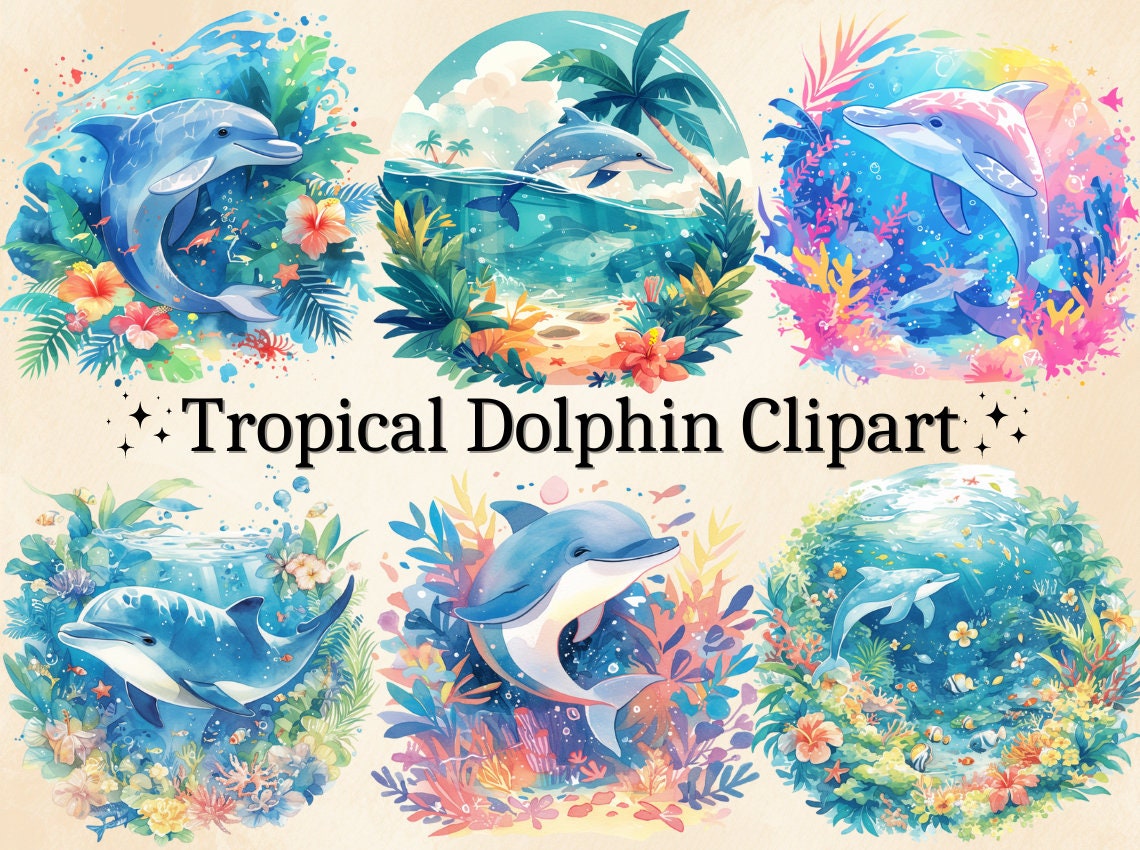 12 PNG Watercolor Tropical Dolphin Clipart, Summer Dolphins Clipart ...