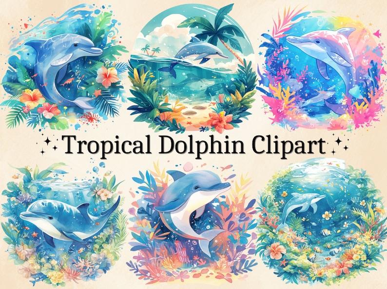 12 PNG Watercolor Tropical Dolphin Clipart, Summer Dolphins Clipart ...