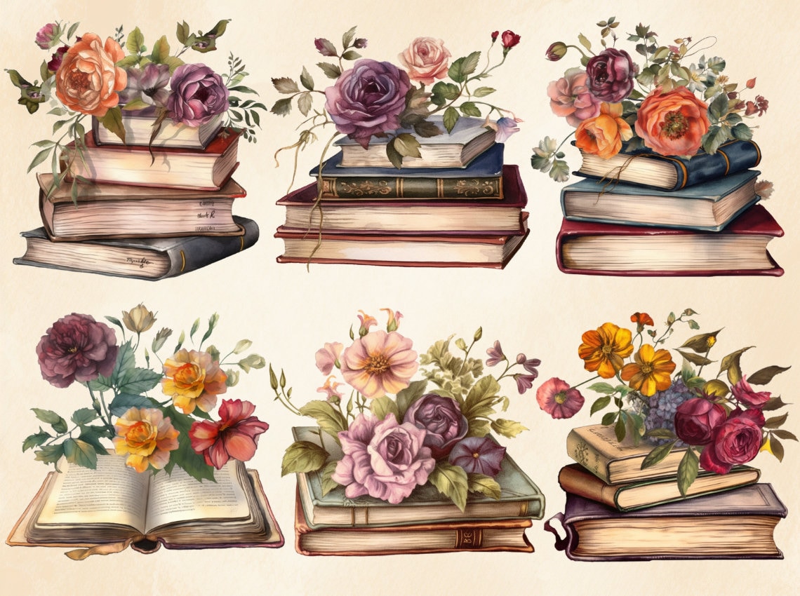 24 PNG Watercolor Floral Books Clipart, Book Bundle Clip Art, Vintage ...