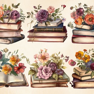 24 PNG Watercolor Floral Books Clipart, Book Bundle Clip Art, Vintage ...