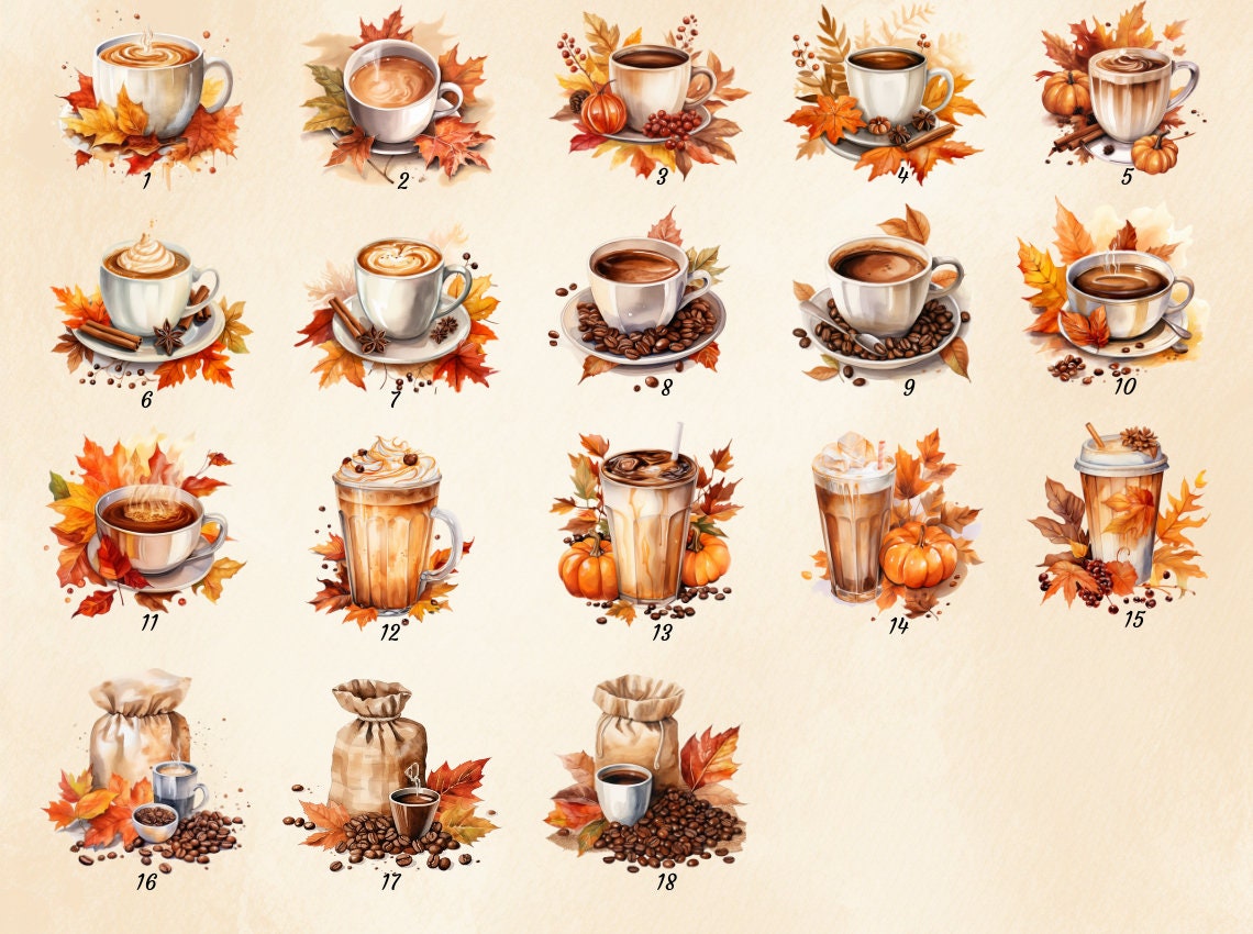 Watercolor Fall Coffee Clipart: Autumn Mugs, Cups, Bags (PNG Digital ...